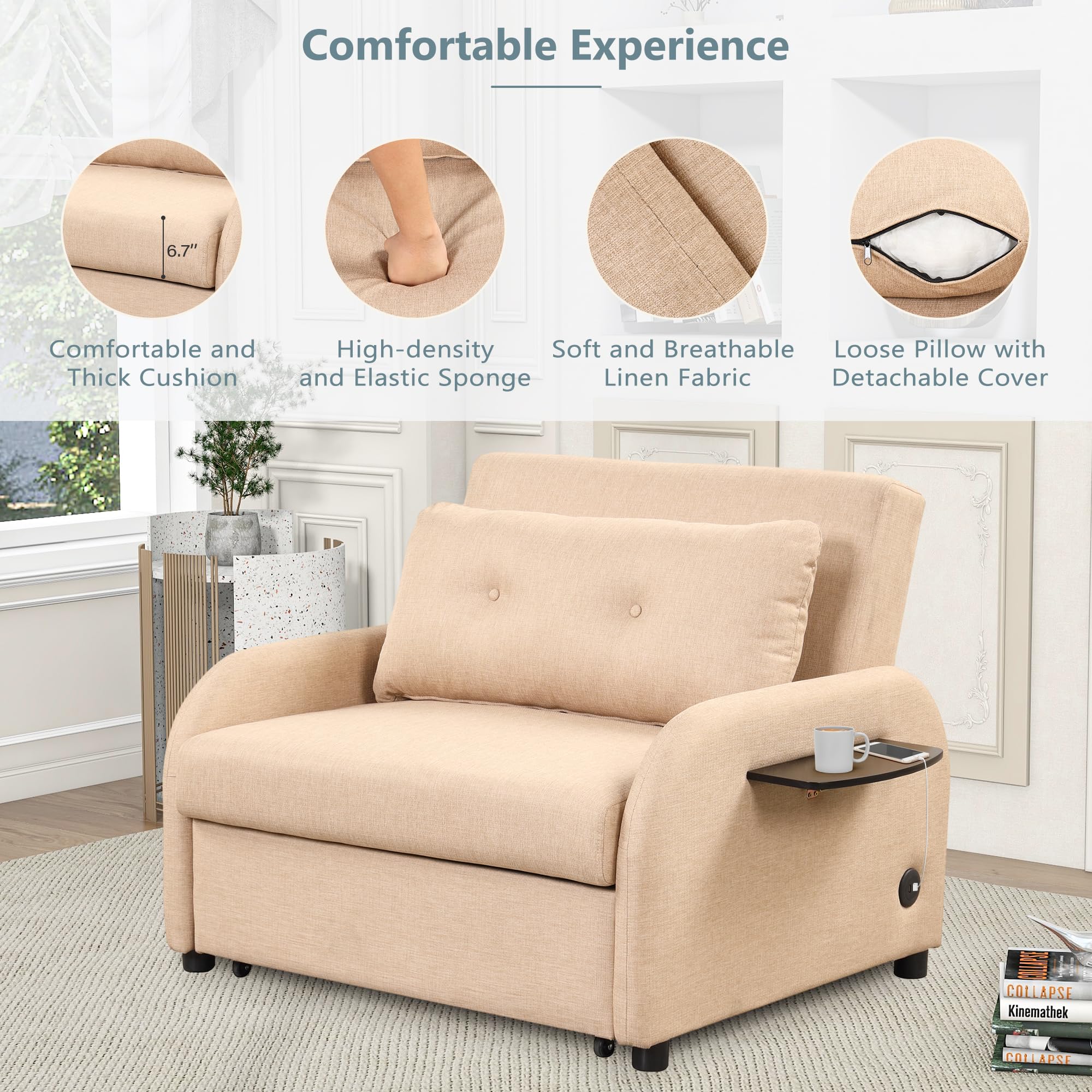 P PURLOVE 3 in 1 Linen Sleeper Sofa Couch Bed, Modern Convertible Sleeper Sofa Bed, Small Sofa Bed with 2 Wing Table Side Pocket and USB Charge for Living Room, Apartment, Beige
