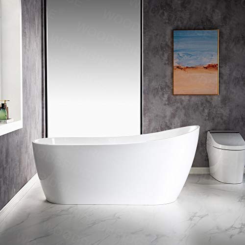WOODBRIDGE 67"Freestanding White Acylic Soaking Bathtub with White Pillow,Drain and Overflow in Brushed Gold,BTA1508 -BG-Drain &O+ Pillow
