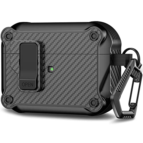 RFUNGUANGO AirPods Pro 2nd /1st Generation Case Cover, Automatic Pop-up Carbon Fiber Case with Secure Lock Clip, Full Body Shockproof Hard Shell Protective Case for AirPods Pro-Black