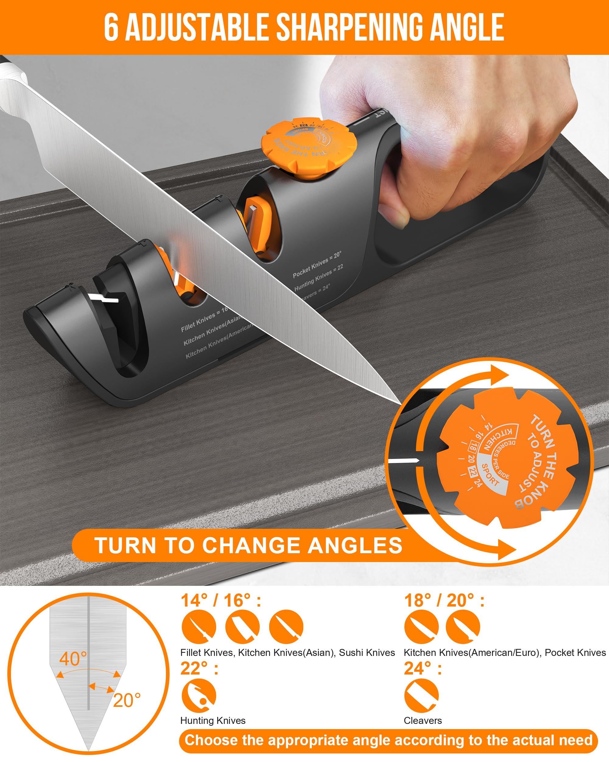Kitchen Knife Sharpener Tool 6 Adjustable Sharpening Angle 14/16/18/20/22/24° Premium Manual & Handheld Knife Sharpener for Kitchen Knives Pocket Knife Sharpener