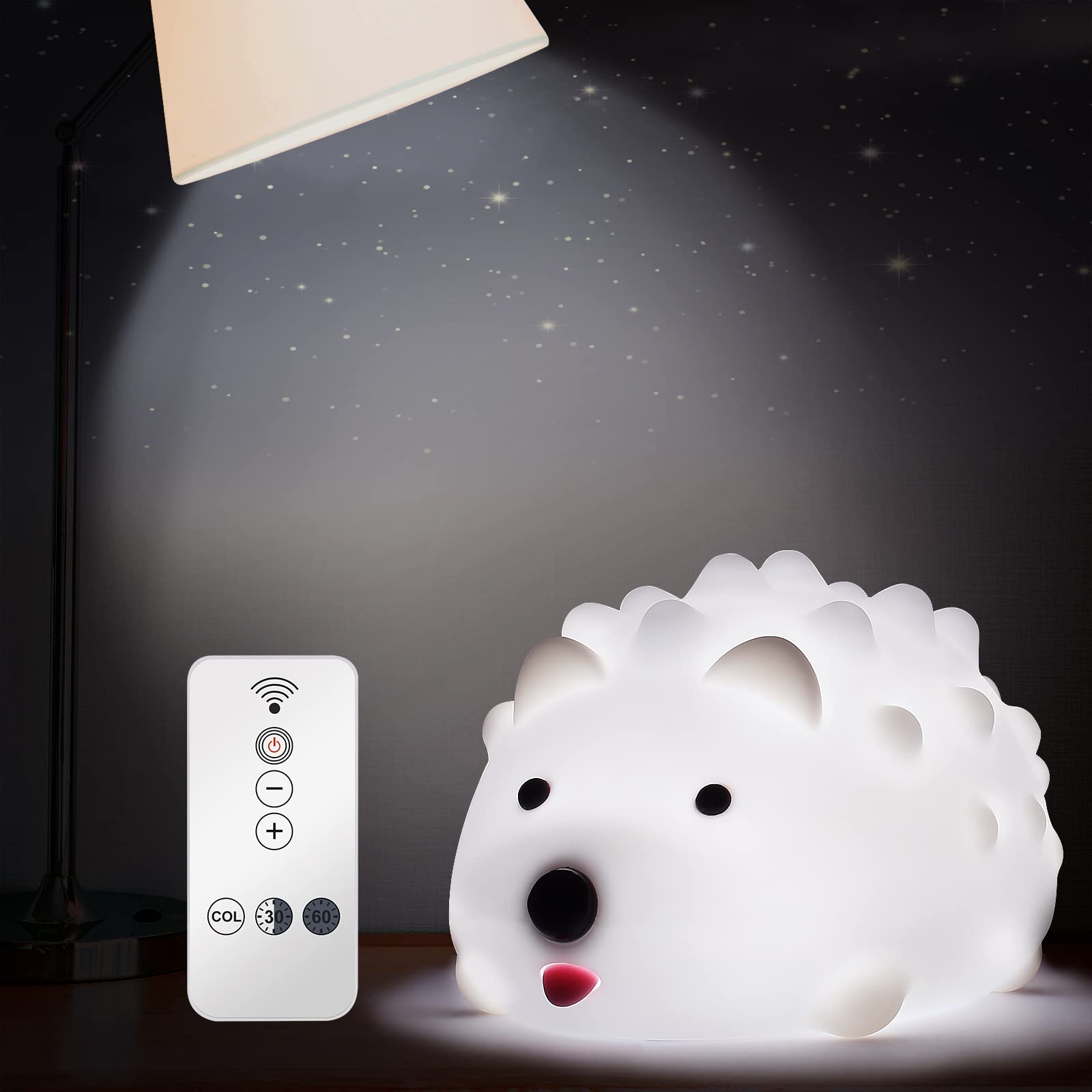 JSKNB Hedgehog Night Light, Cute Night Light for Kids, Rechargeable Touch Silicone Dimmable Nursery Night Light with 7 Colors Changing, Portable Bedside Table Lamp with Timer