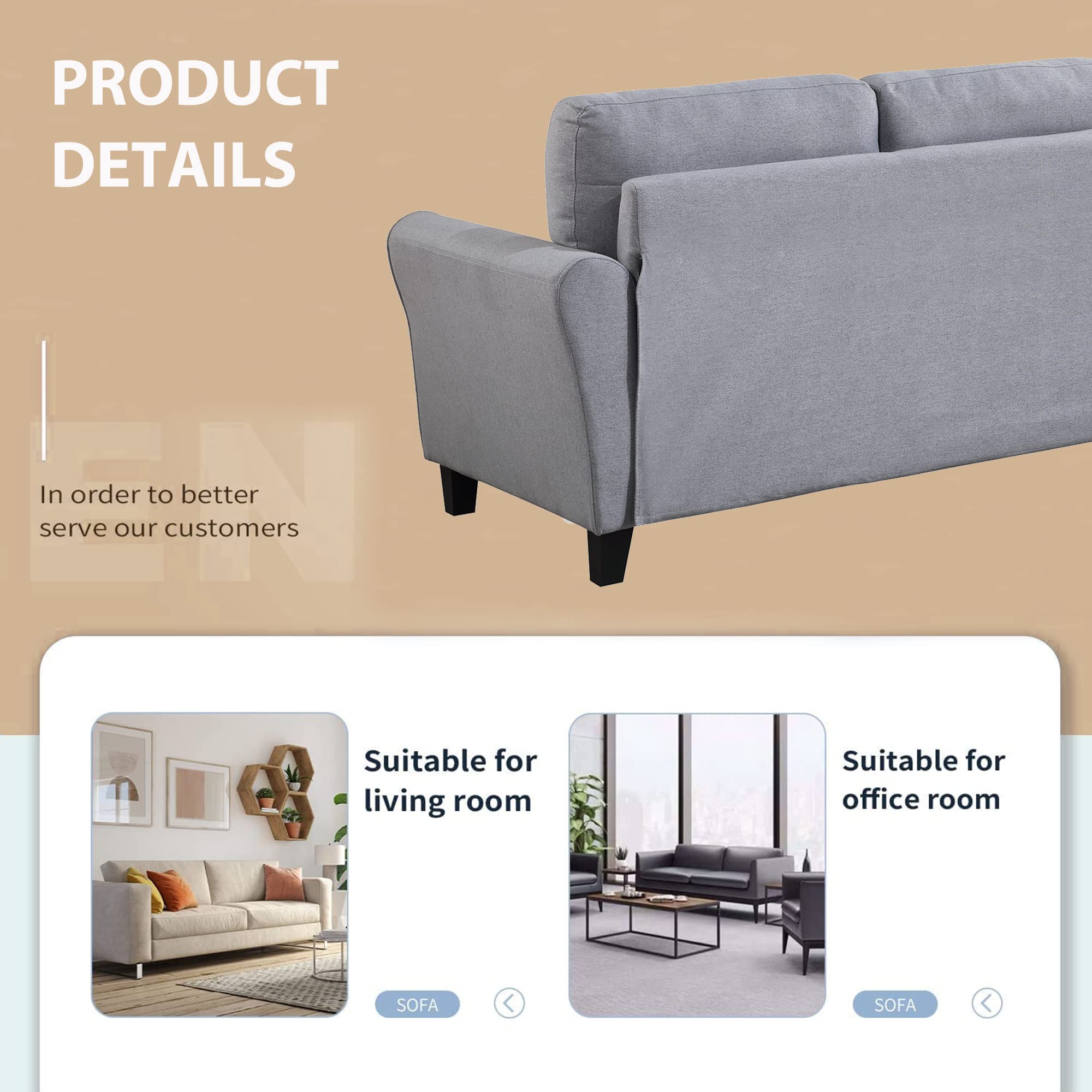 P PURLOVE 3-Seat Sofa for Living Room, Modern Sofa with Comfortable Padded Backrest, Linen Upholstered Couch Furniture for Bedroom, Office, Small Space, Easy Assembly, Light Grey Blue