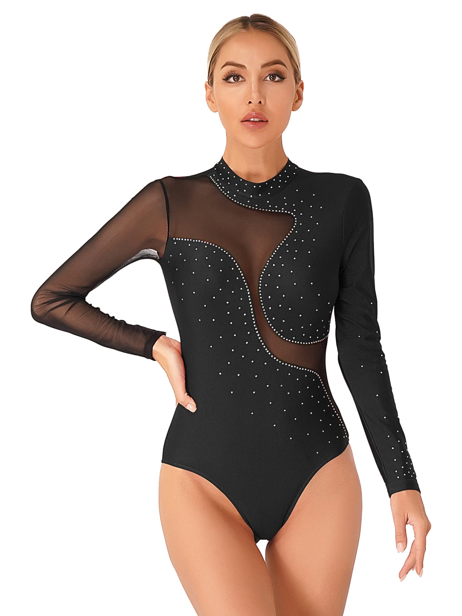 Freebily Womens Sheer Mesh Long Sleeve Bodysuit Sequined Mock Neck Tassel Leotards Dancewear Black XX-Large