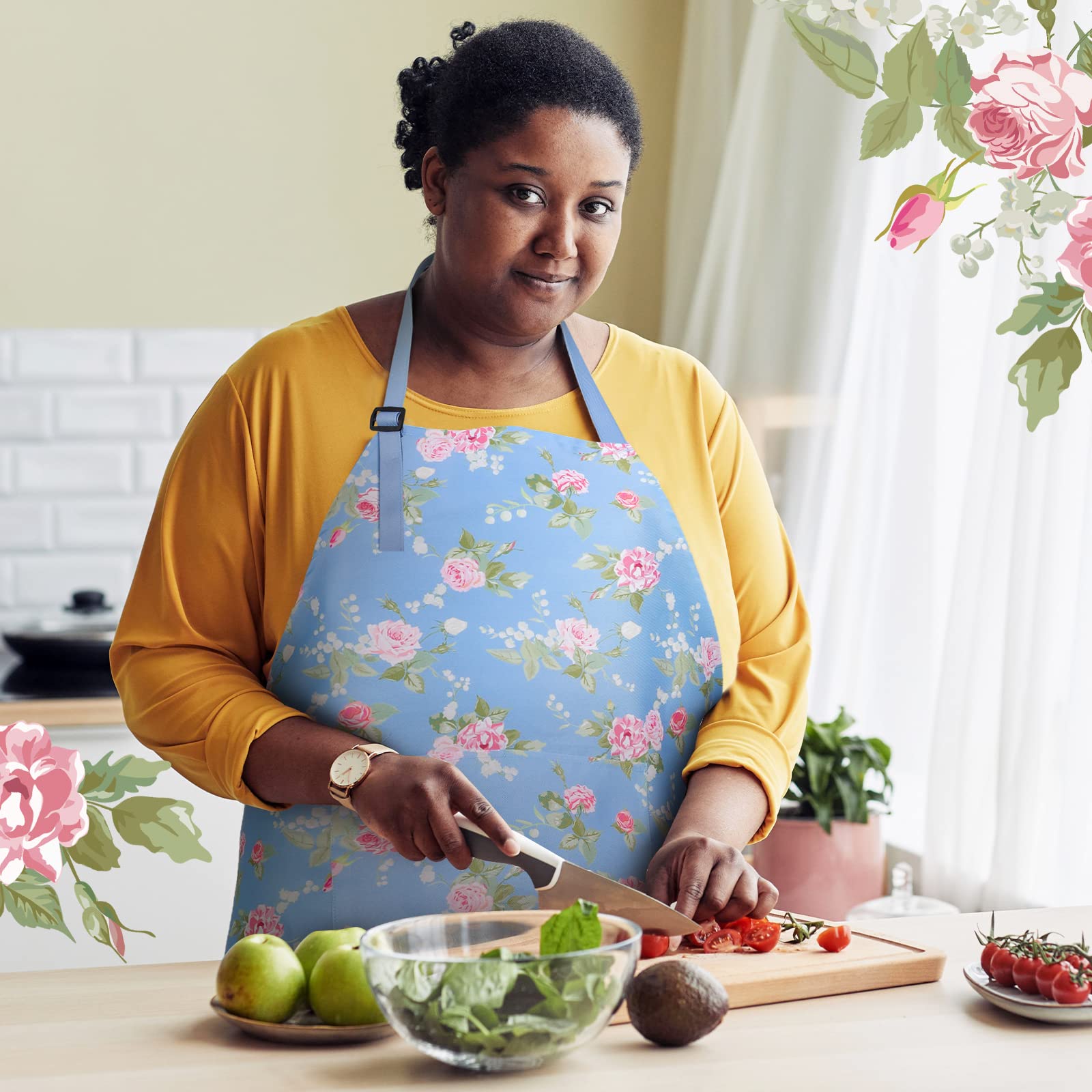 Janmercy 3 Pieces Plus Size Aprons for Women with Pockets Floral Apron Adjustable Cooking Aprons for Kitchen Cooking Baking Household Cleaning Gardening Supplies