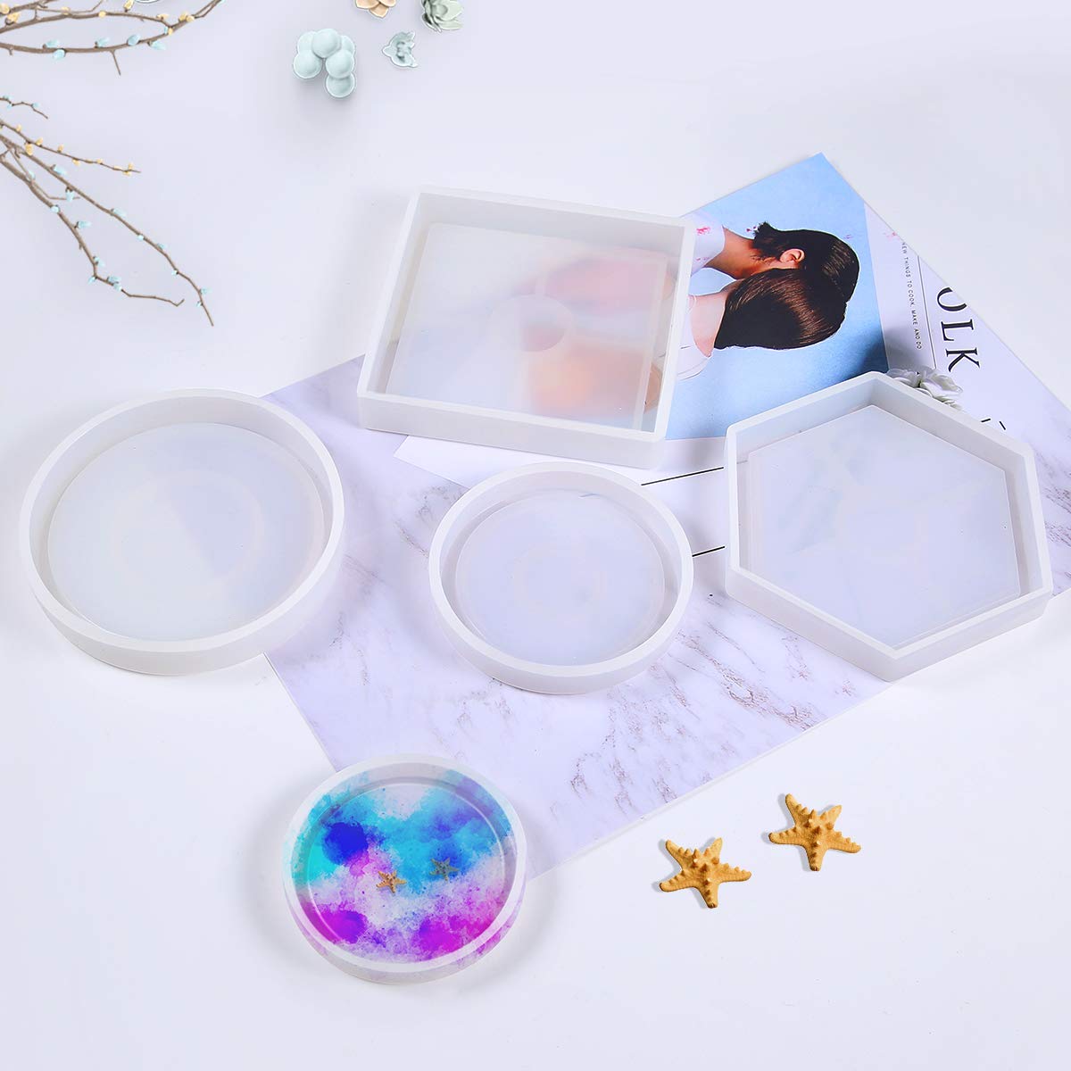 DIY Coaster Silicone Mold, Pack of 4 Resin Molds for Casting Eco-Friendly Sturdy Hexagon Square Round Mold Bottom Bracket for Casting with Resin,Concrete,Cement