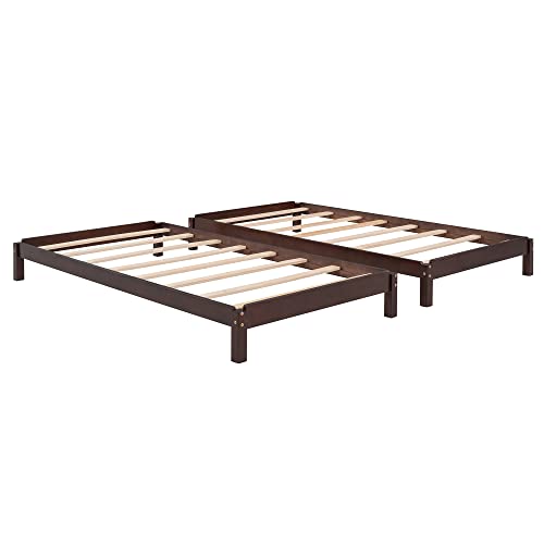 Solid Platform Bed Twin Size Wood Stackable Twin Beds with Wooden Slats Convertible Floorbed Frame Without Headboard for Girls Boys Teens, No Box Spring Needed β Two Beds Set (Walnut)
