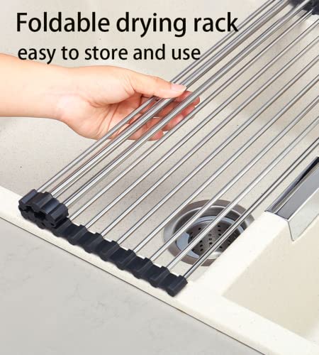HEREOF Roll Up Dish Drying Rack for Kitchen Counter, Rolling Stainless Steel Sink Drying Mat Foldable Drainer for Kitchen Organization and Storage 17.5x11.8