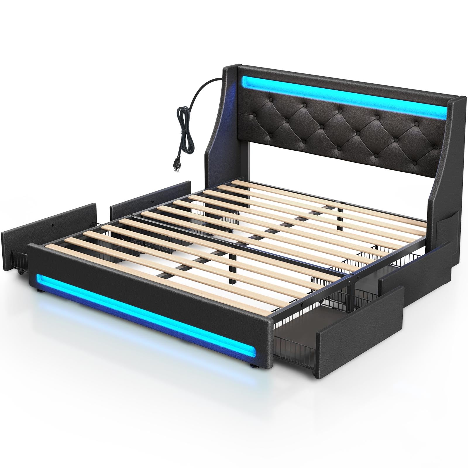 Rolanstar Full Bed Frame with LED Lights and Charging Station, PU Leather Bed with Drawers, Wooden Slats, Noise Free, Easy Assembly, Black