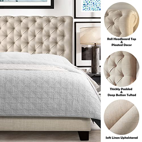 Rosevera Gideon Bed Frame/Fabric Upholstered Bed Frame with Adjustable Headboard/Chesterfield-Styled/Wood Slat Support/Easy Assembly,Full,Warm Beige