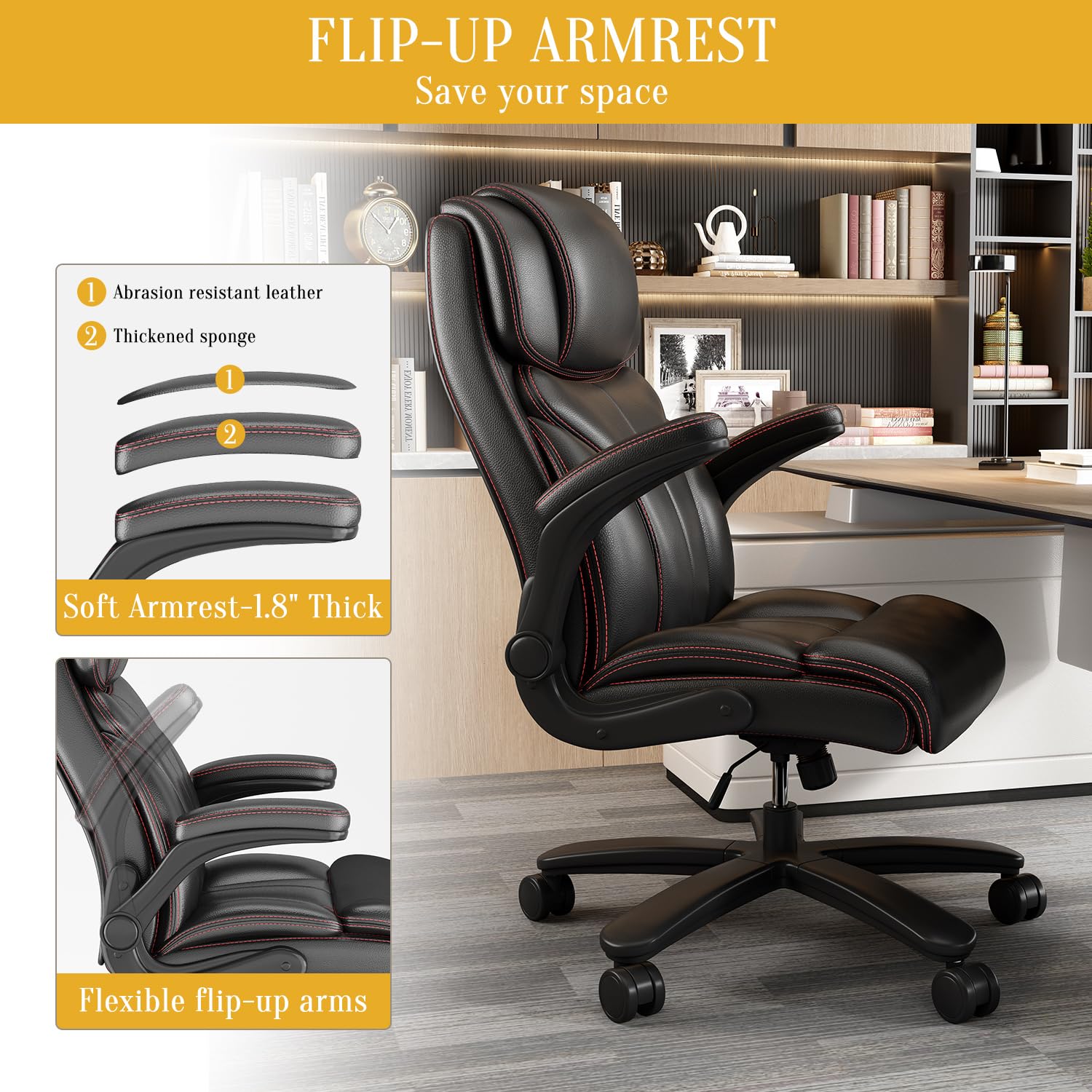 Executive Desk Chair, Sucrever Big and Tall Home Office Chairs for Heavy People 400lbs Wide Seat, High Back Large Executive Office Chair with Adjustable Flip up Arms, Black Leather Computer Desk Chair