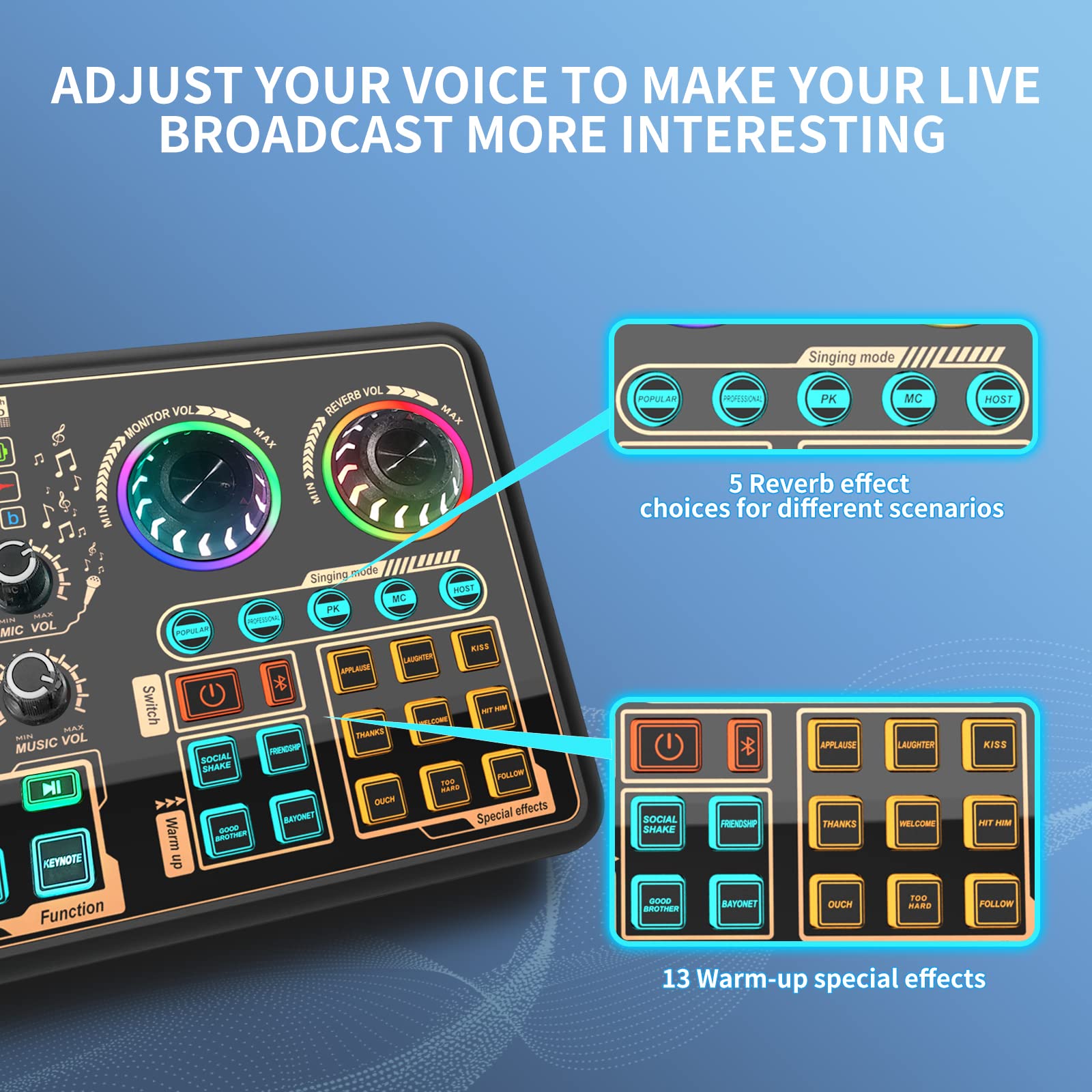Hosabely Podcast Equipment Bundle, With Podcast Condenser Microphone and Stand, Voice Changer Sound Card with Multiple Sound Effects and LED Light,Sound Board for Streaming/Podcasting/Gaming/Recording