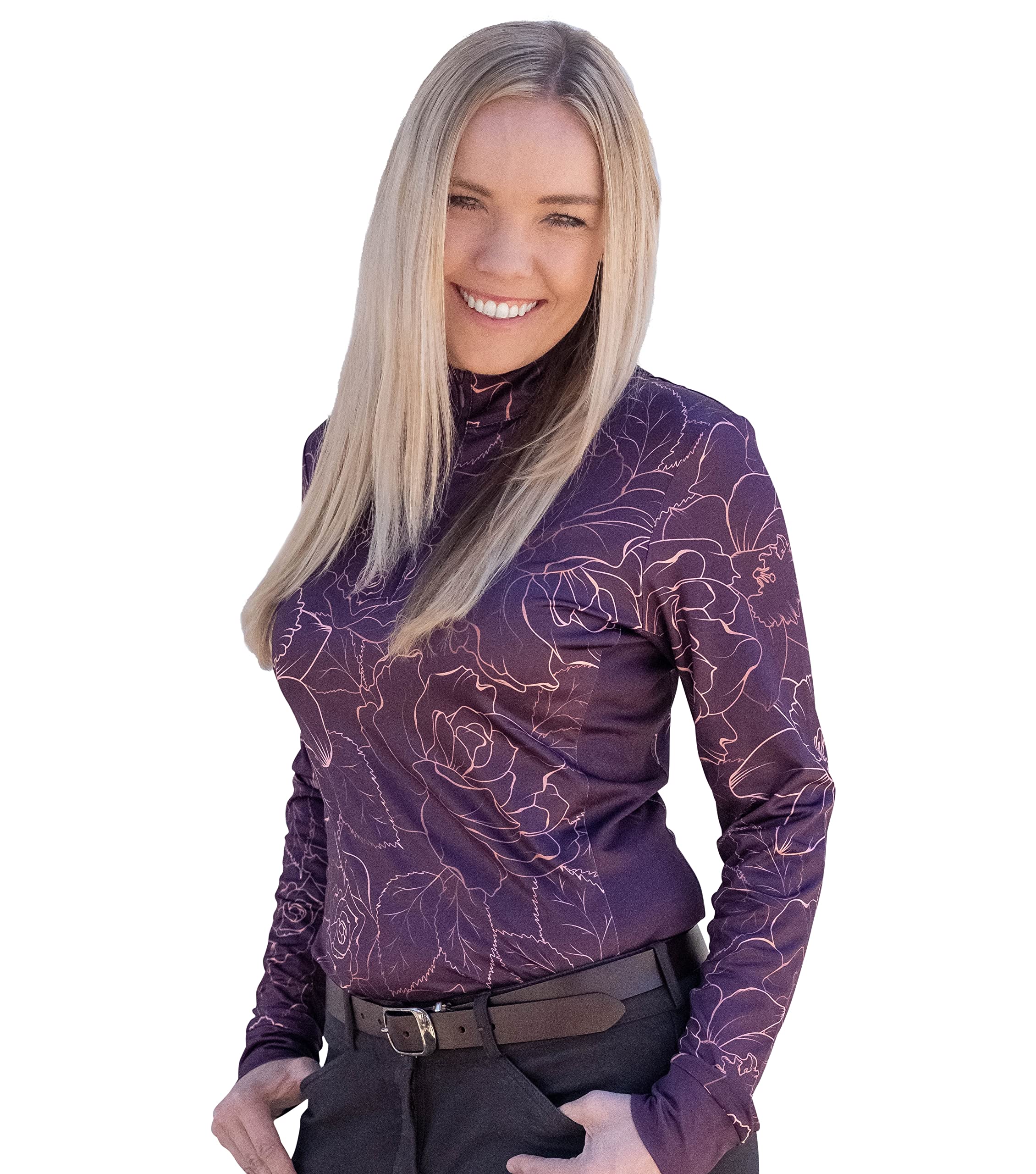 Equestrian Baselayer Long Sleeved Women's Horse Riding Sun Shirt (as1, Alpha, m, Regular, Regular, Plum Roses)
