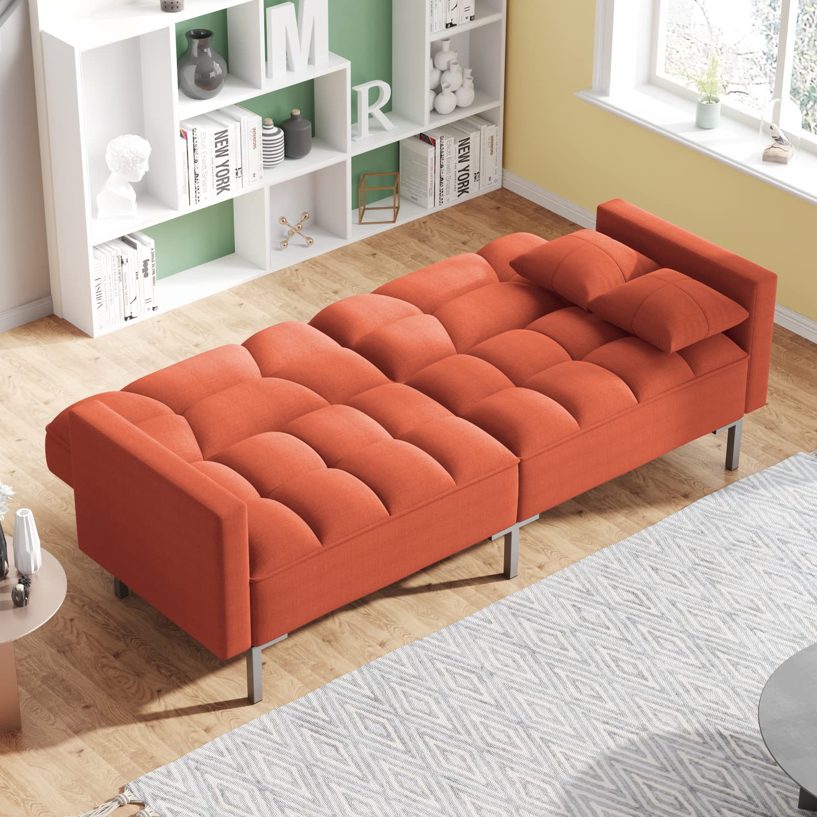 DEEF Linen Upholstered Modern Convertible Folding Futon Sofa Bed for Compact Living Space Apartment Dorm,Two Seat,Orange