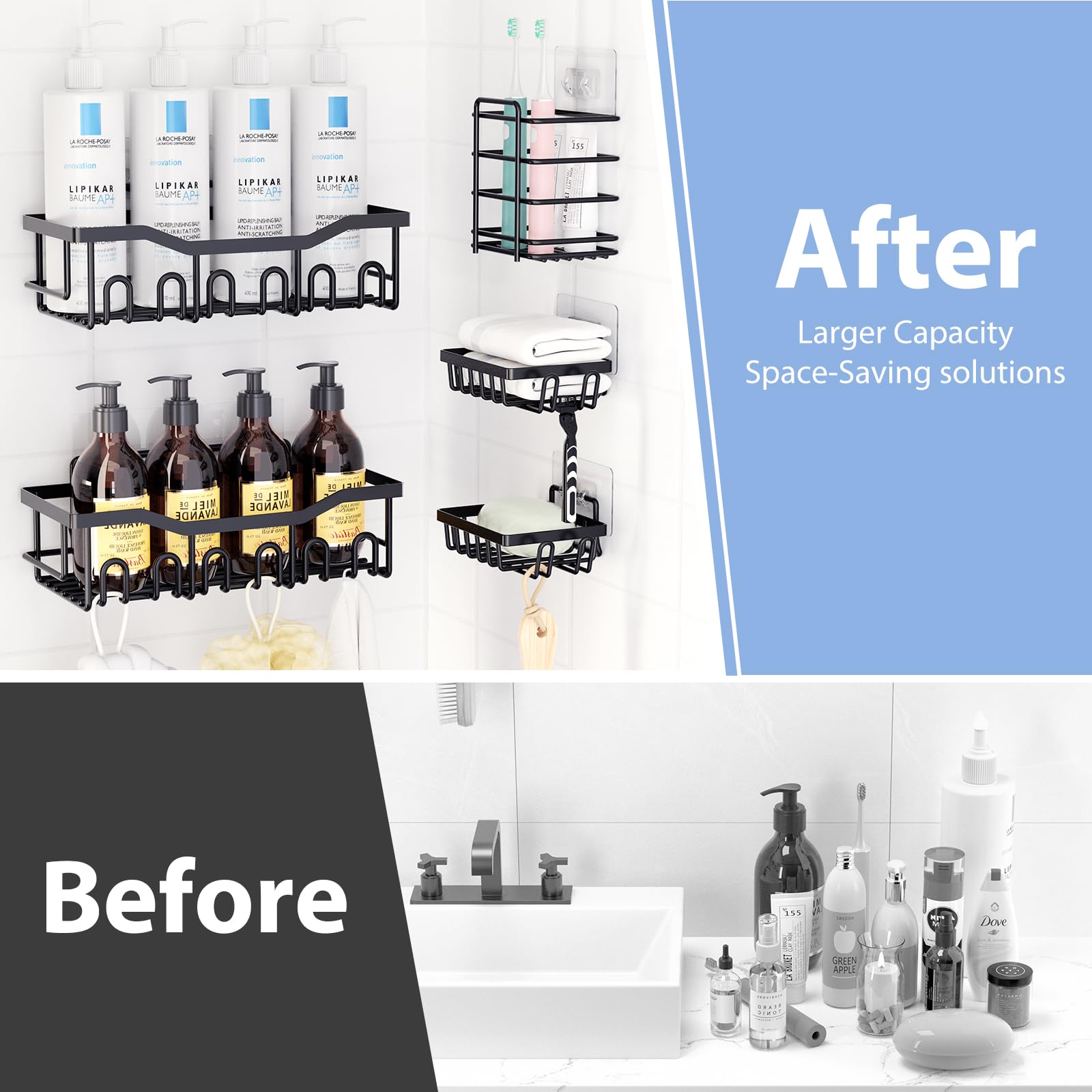 kitims Adhesive Shower Caddy, 5 Pack Shower Organizer Hanging with Large Capacity Stainless Steel Shower Organizers and Storage Rustproof Shower Shelf for Inside Shower, No Drilling, Black