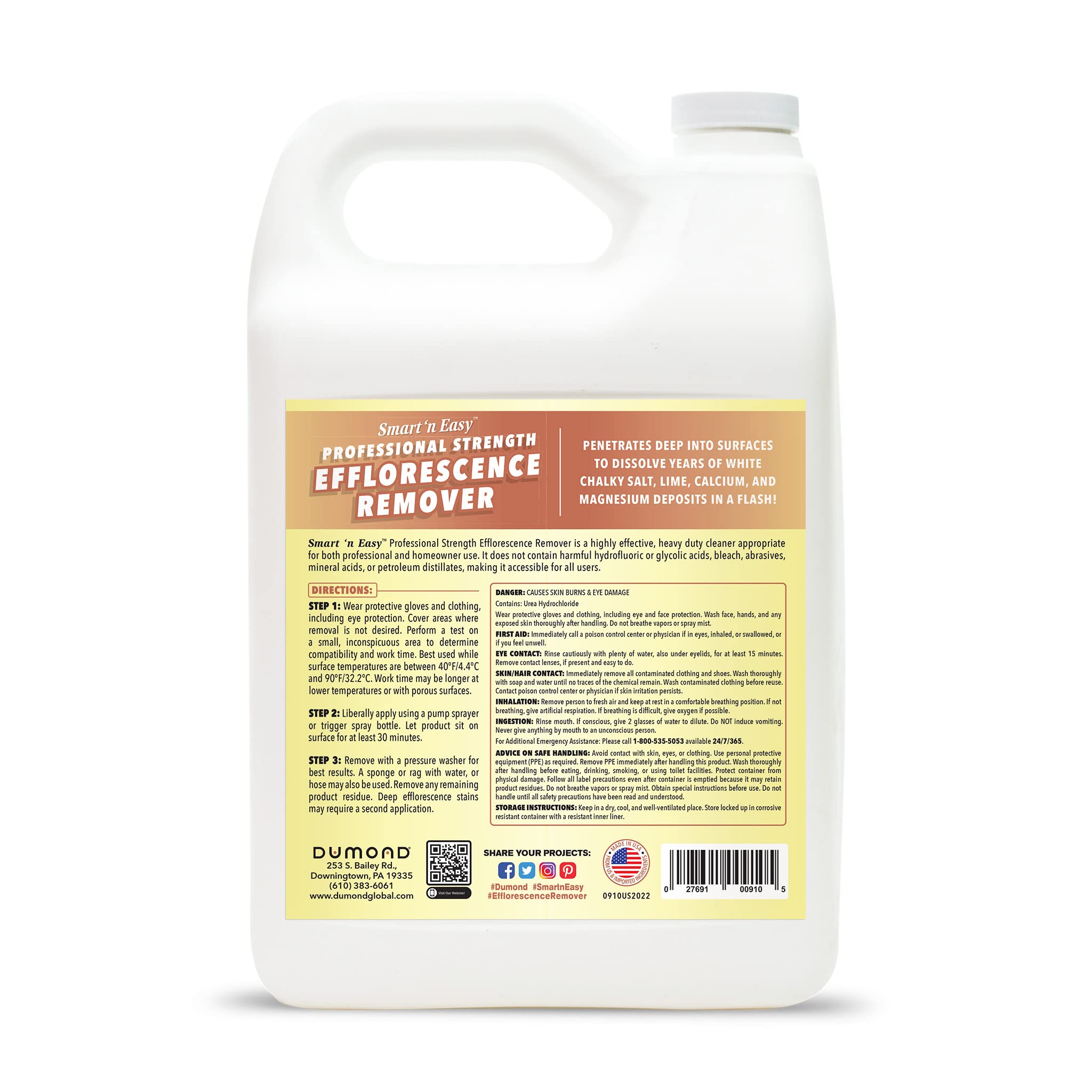 Smart 'n Easy Efflorescence Remover - Heavy Duty Professional Strength Formula - Removes The Toughest Salt, Calcium, and Magnesium Deposits from Concrete, Brick, Stucco, Pavers, & More - 1 Gallon