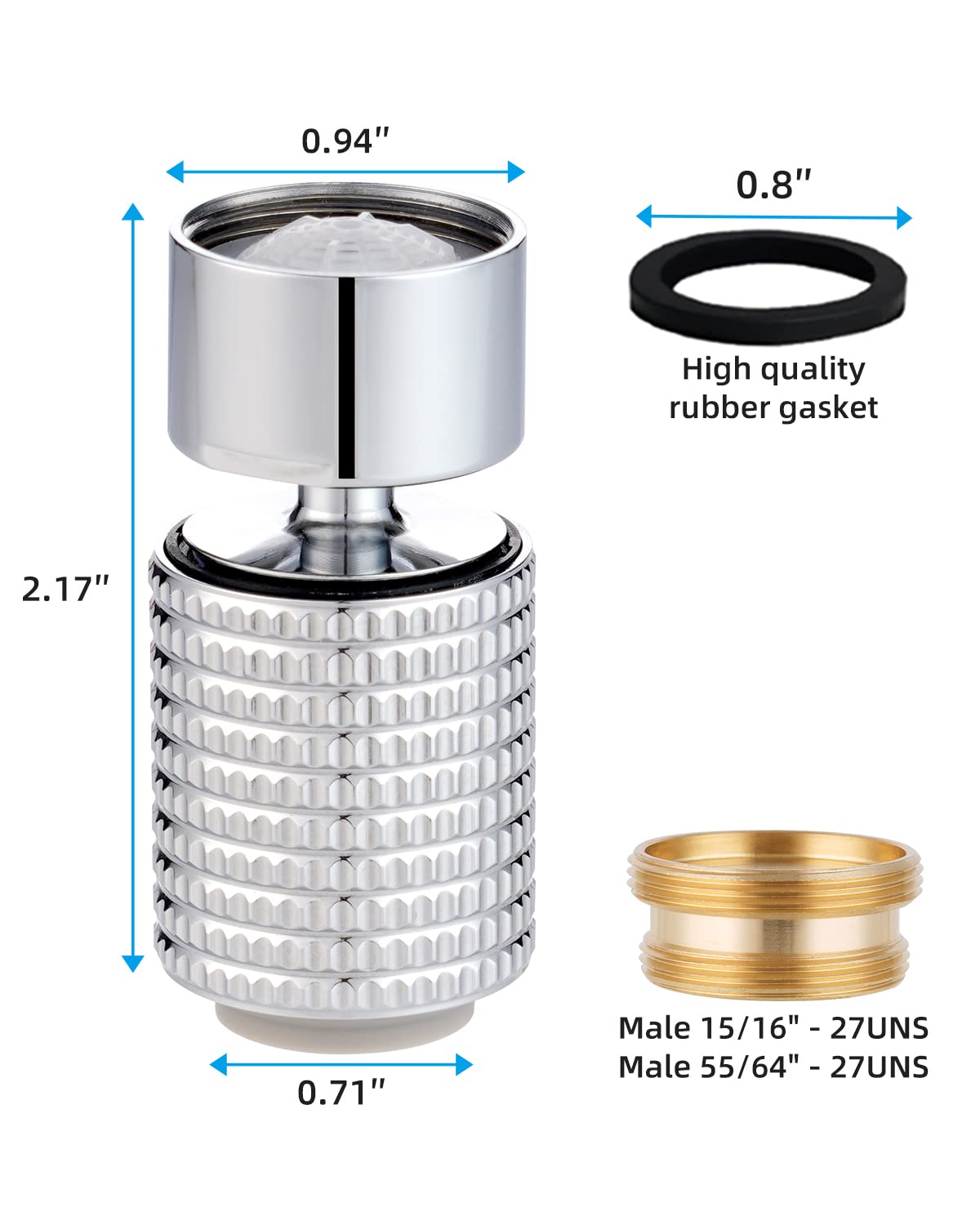 Hibbent Faucet Aerator, 360 Degree Swivel Kitchen Sink Faucet Aerator, Dual-function Bathroom 2-Flow Sprayer Faucet Head, Faucet Replacement Part, 55/64 Inch-27UNS Female Thread-Chrome