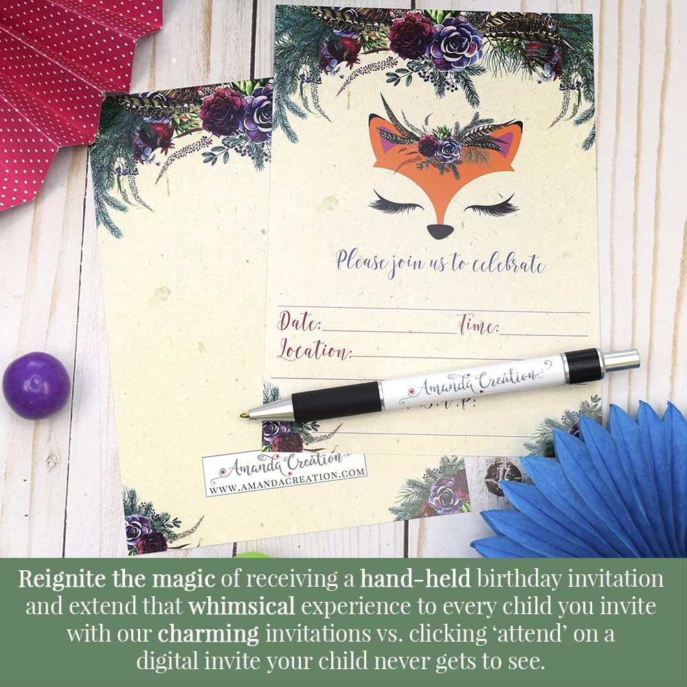 Woodland Forest Fox Face Floral With Greenery Birthday Party Invitations, 20 5x7 Fill In Cards with Twenty White Envelopes by AmandaCreation