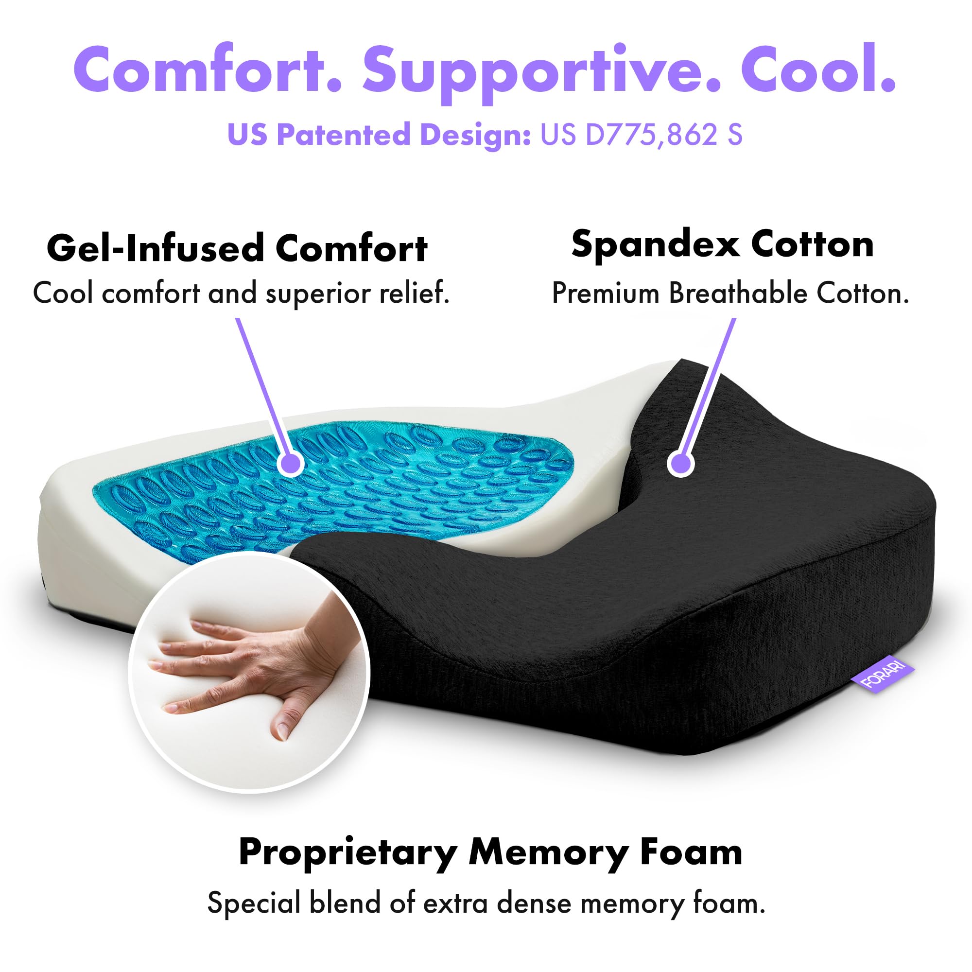 FORARIĀ® Patented Seat Cushion for Desk Chair - Firm & Thick, Best for Back & Hip Pain Relief, Comfort for Long Sitting, with Never-Flat Gel Insert - Coccyx, Sciatica, Tailbone (Black)