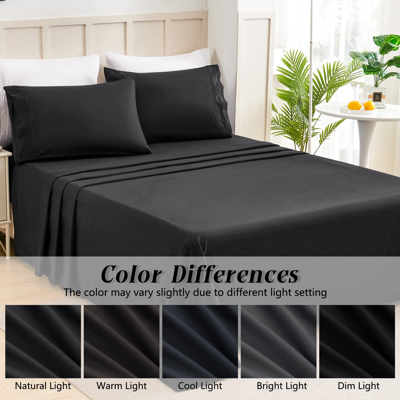 Dekoresyon Queen Size Sheet Set, 4Pcs Extra Soft Breathable Cooling Bed Sheet Set with Deep Pockets & Wrinkle Free, Ultra Soft Hotel Luxury Bedding Sheets & Pillowcases(Queen,Black)