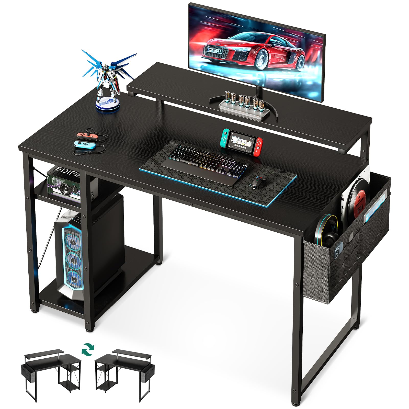 KKL 40 inch Small Computer Desk with Adjustable Monitor Stand, Home Office Desk & Workstation with Storage Shelves, Reversible Work Writing Study Table for Bedroom, Black