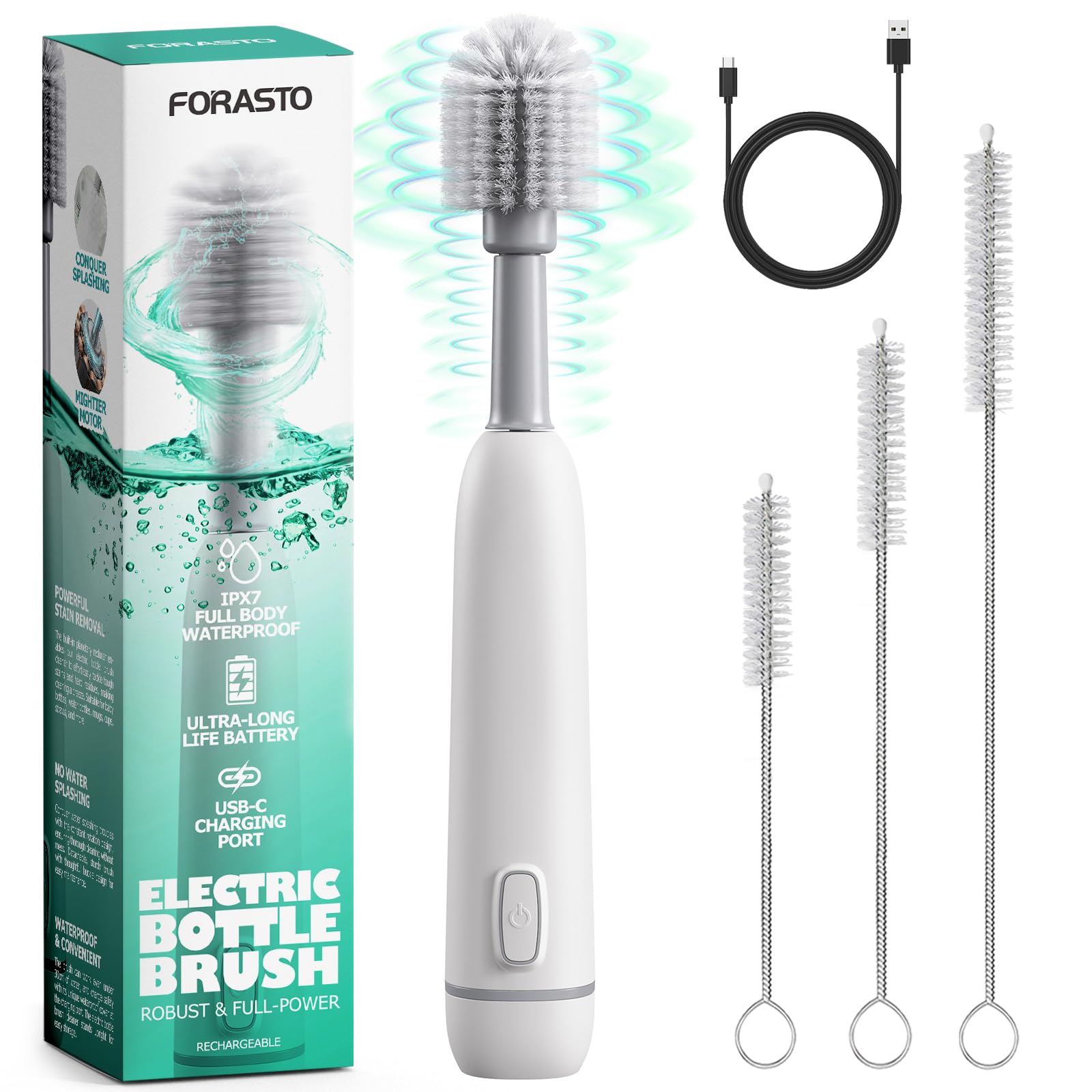 FORASTO Electric Bottle Brush, USB Rechargeable IPX7 Waterproof Water Bottle Cleaner Brush with 3 Straw Cleaner Brushes, Powerful Rotations Bottle Cleaner Brush, White
