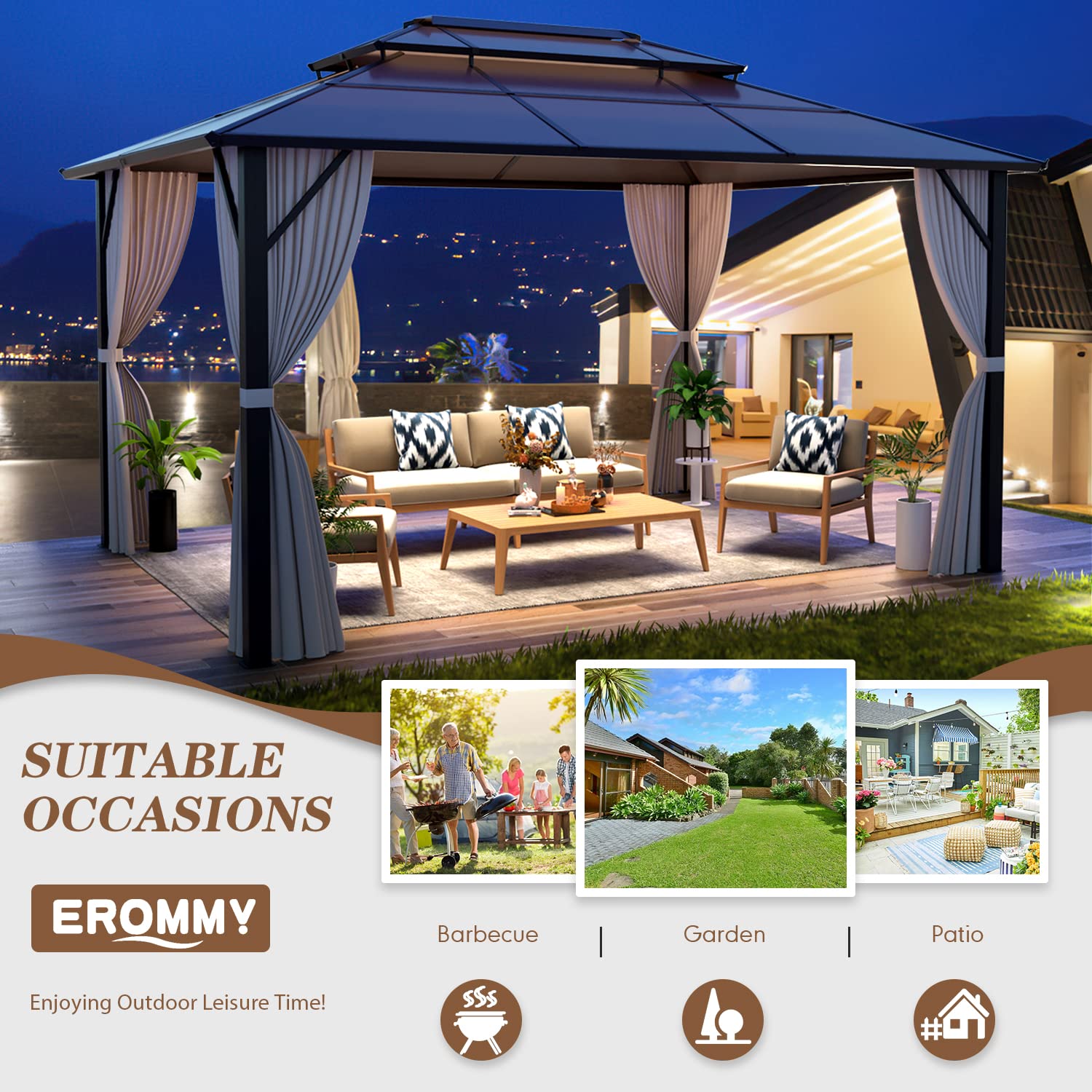 EROMMY 10'x13' Gazebo Polycarbonate Double Roof Canopy Outdoor Aluminum Frame Pergolas with Netting and Curtains for Garden Patio Lawns Parties