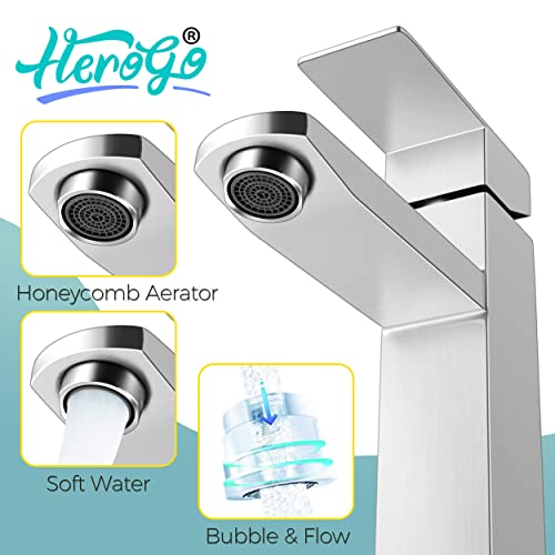Herogo Brushed Nickel Bathroom Faucet, Stainless Steel Bathroom Sink Faucets with Brass Pop-up Sink Drain Stopper & Deck Plate 1 or 3 Hole, Single Handle RV Lavatory Faucet with 2 Water Hoses