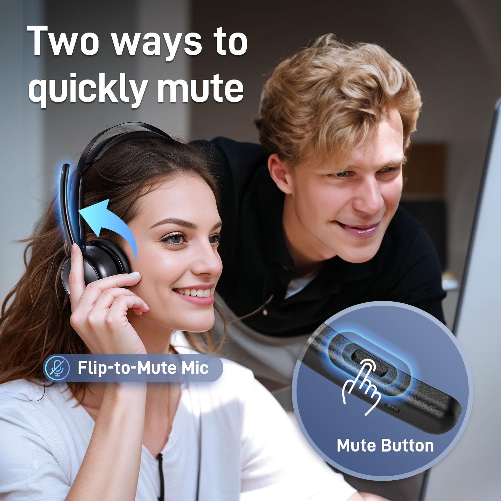 EMEET Wireless Headset, HS80 Bluetooth Headset with Noise Canceling Microphone, 46 hrs Work Time, Charging Base, Mute Button, 2.4G Wireless Dongle/USB, Wireless Headphone for PC/Call Center/Zoom/Skype