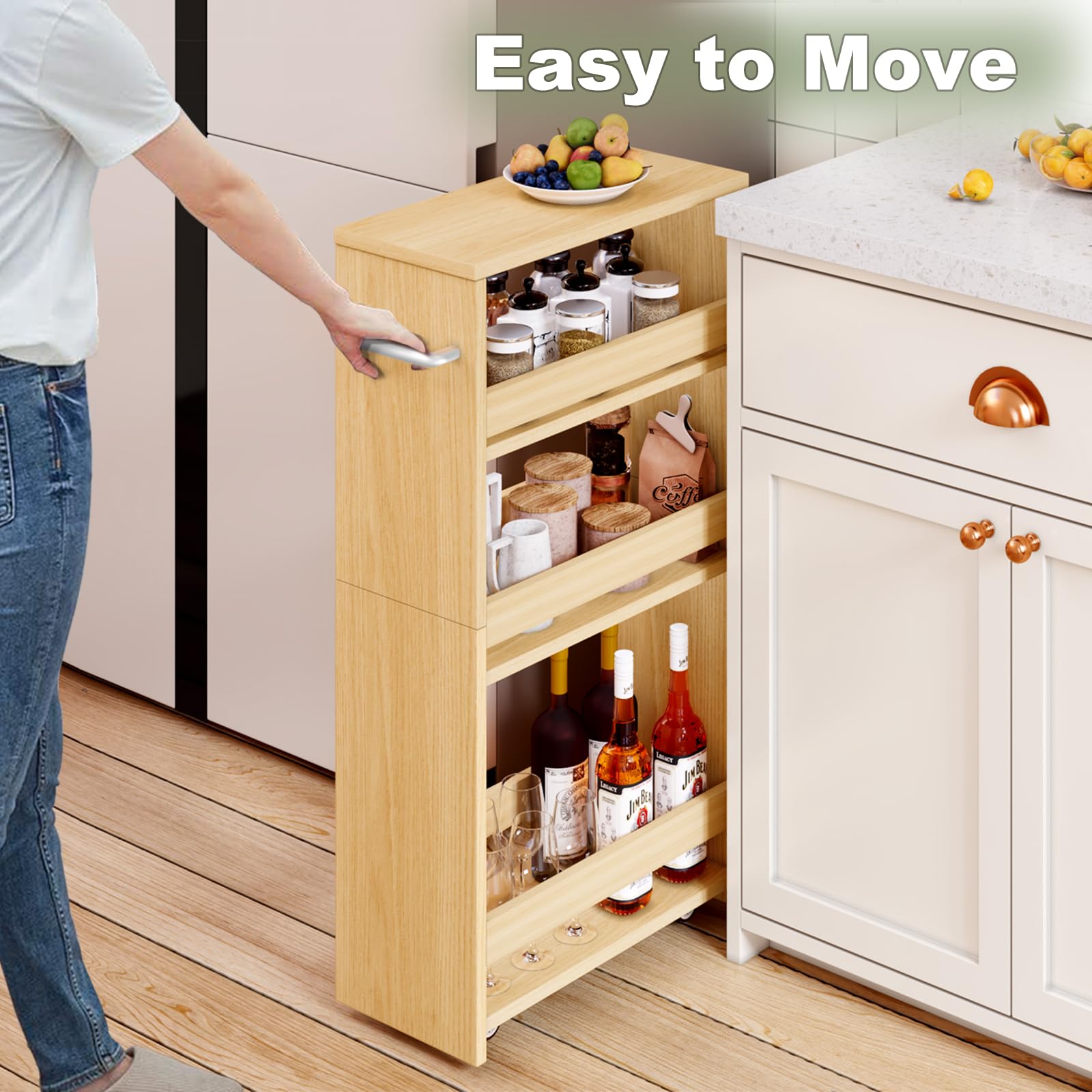 MARTY Rolling Storage Cart 7.9" W, 4-Tier Kitchen Cart with Wheels Handle, Slim Storage Cart Mobile Shelving Utility Carts for Bathroom Laundry Room Organization Narrow Places (Maple)