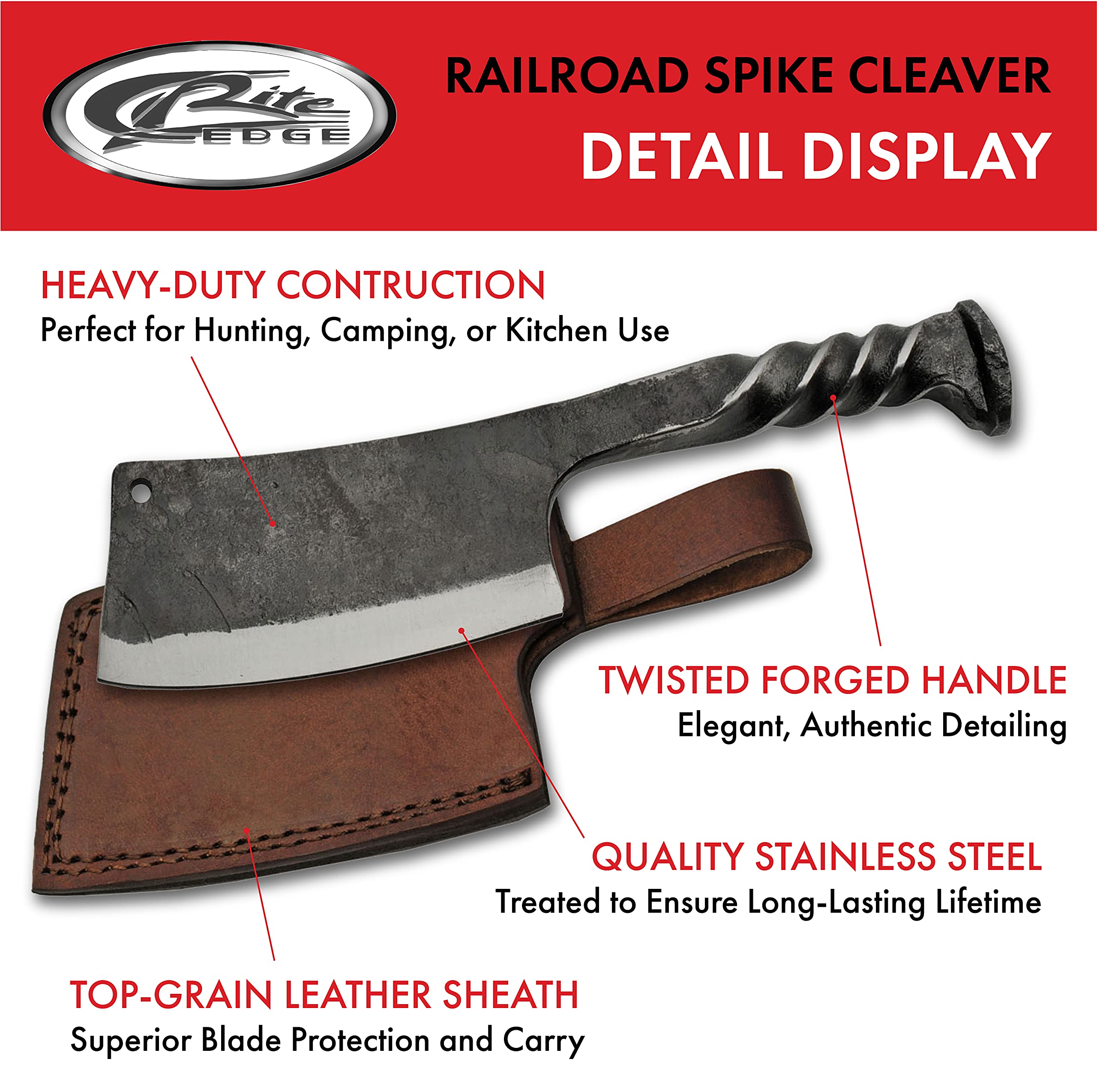 SZCO SUPPLIES 9"" Twisted Handle Railroad Spike Cleaver with Leather Sheath, Gray (HS-4416)