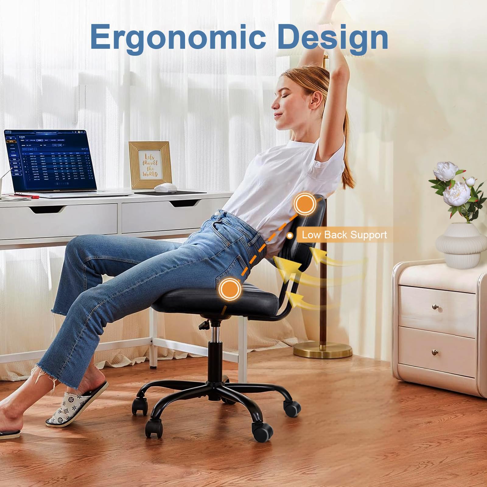 Joyfinity Office Computer Chair with Wheels Armless Comfy Ergonomic Chair with Back Support, 360°Rolling Swivel Chair with Height Adjustable PU Leather Low Back for Home, Bedroom, Study, White