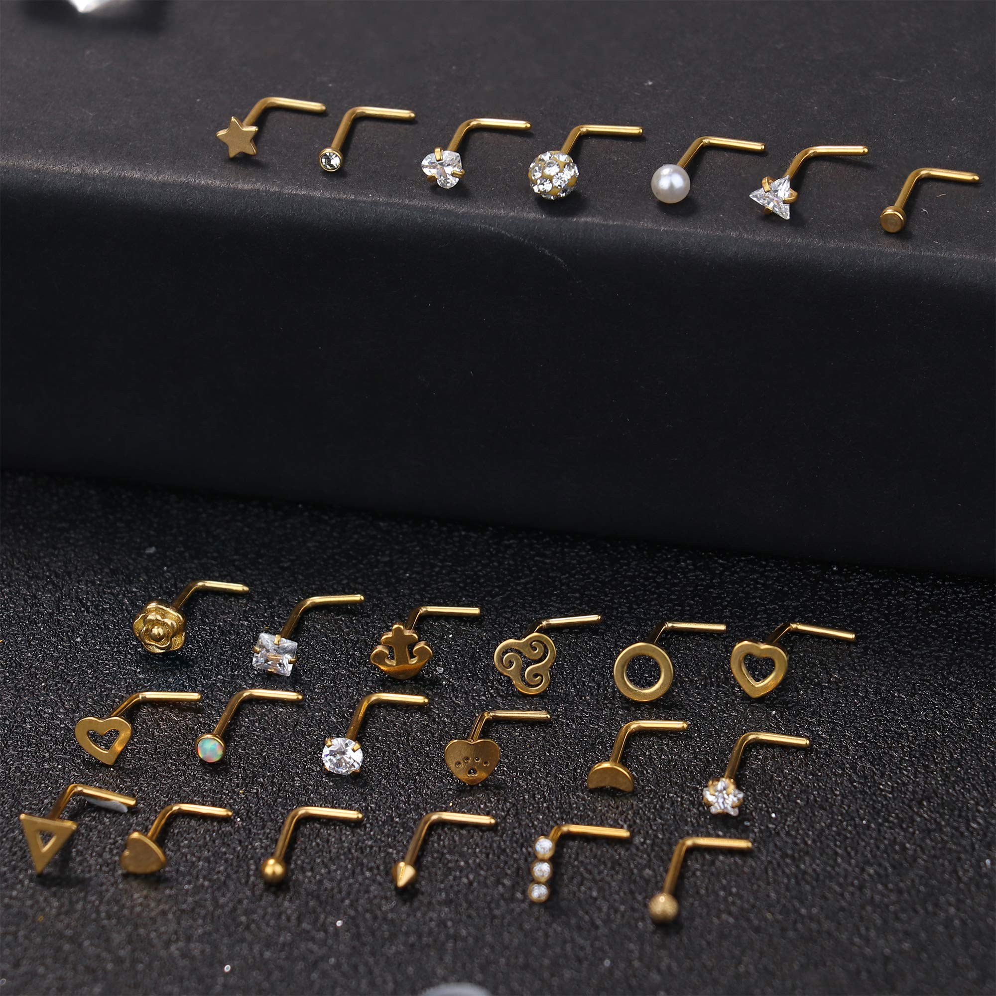 Drperfect 20G 25Pcs Nose Rings Studs Stainless Steel Bone Screw L Shaped Nose Body Piercing for Womens Mens