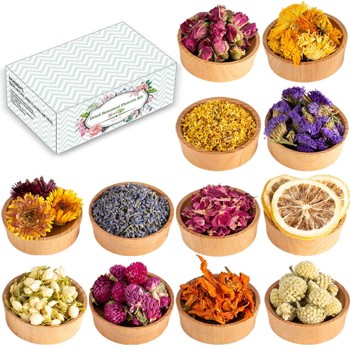 Dried Flowers, 12 Pack Natural Dried Flower Herbs Kit for Bath, Bomb, Soap, Resin, Candle Making, Include Rose Petals, Rosebuds, Lavender, Jasmine Flowers, Lily, Lemon Slice and More