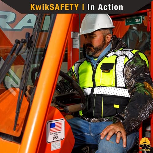 KwikSafety - Charlotte, NC - SPECIALIST Safety Vest [Multi-Use Pockets] Class 2 ANSI OSHA High Visibility Reflective Heavy Duty Solid Mesh HiVis Construction Surveyor Work Men/Black XL