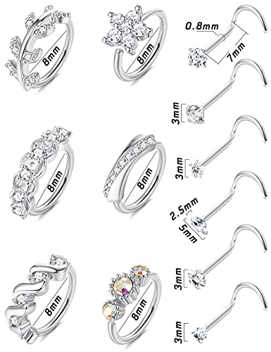 Drperfect 20G Surgical Steel Nose Ring Hoop for Women Men Paved CZ Leaf Flower Nose Piercing Jewelry L Shaped Screw Bone CZ Nose Ring Stud Set