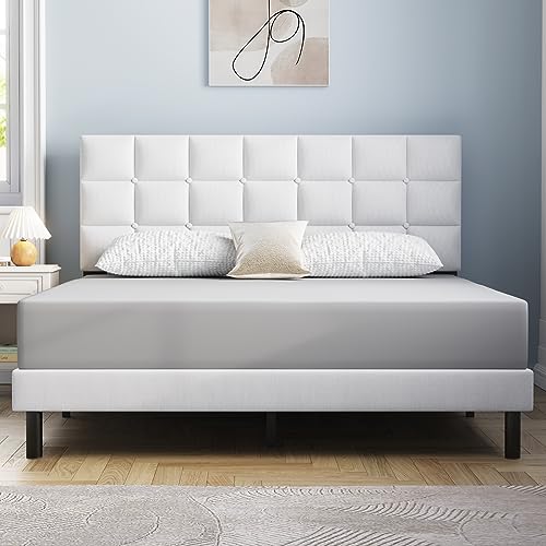 Molblly Full Bed Frame Upholstered Platform with Headboard and Strong Wooden Slats, Non-Slip and Noise-Free,No Box Spring Needed, Easy Assembly,White