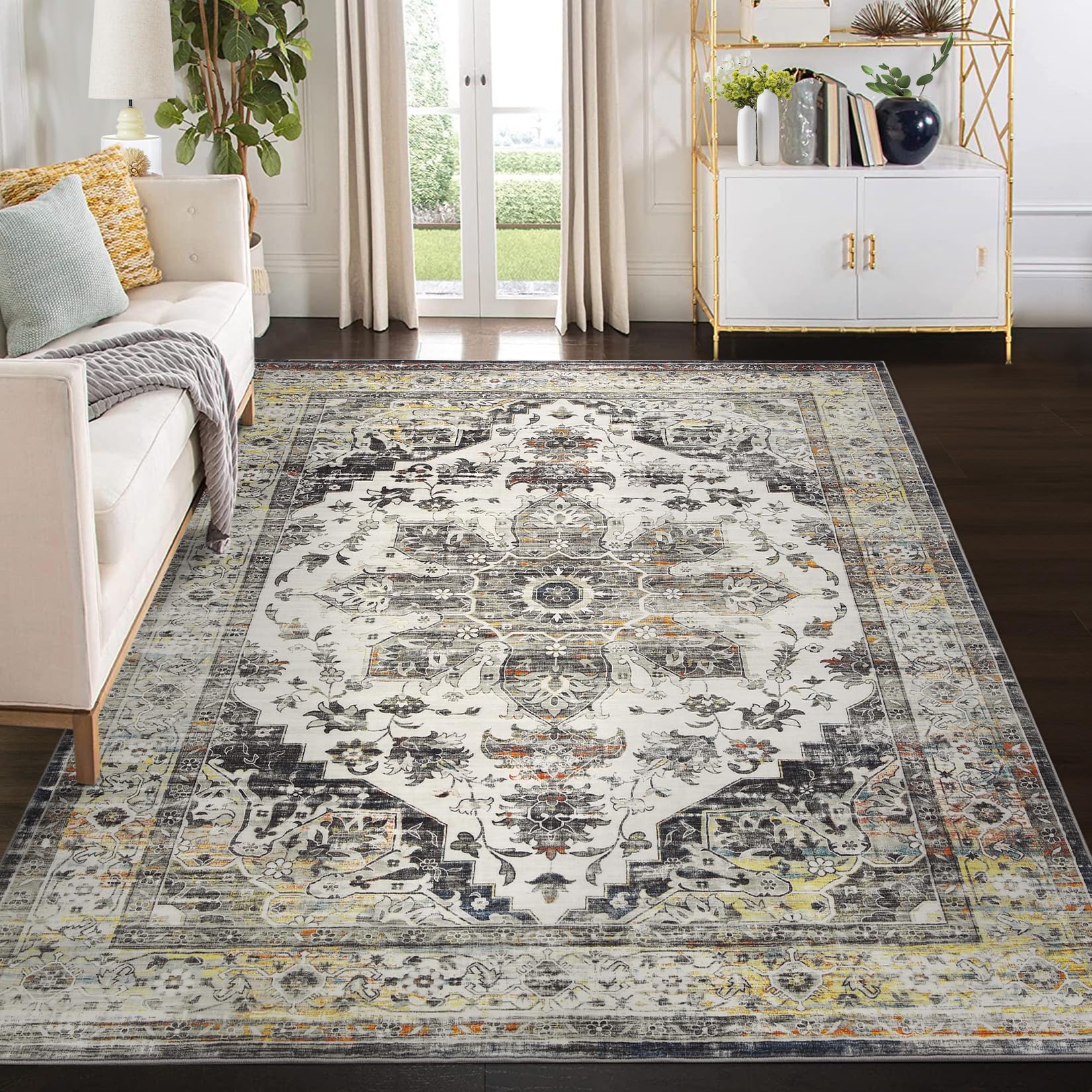 ROYHOME Area Rug 8x10 Machine Washable Rug Traditional Distressed Carpet Stain Resistant Non-Slip Floor Cover Carpet Rug Medallion Accent Rug for Living Room Bedroom Dining Room, Grey