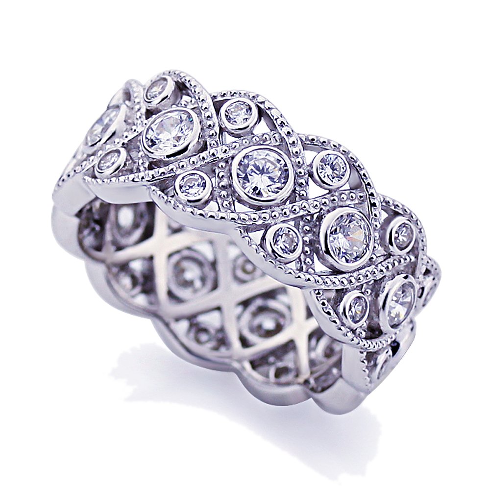 DoubleAccent Platinum Plated Sterling Silver Ring 1.75 CT CZ Stone Bezel Wedding Band Vintage Eternity Wide Band Ring, 8mm (Size 5 to 9), 7