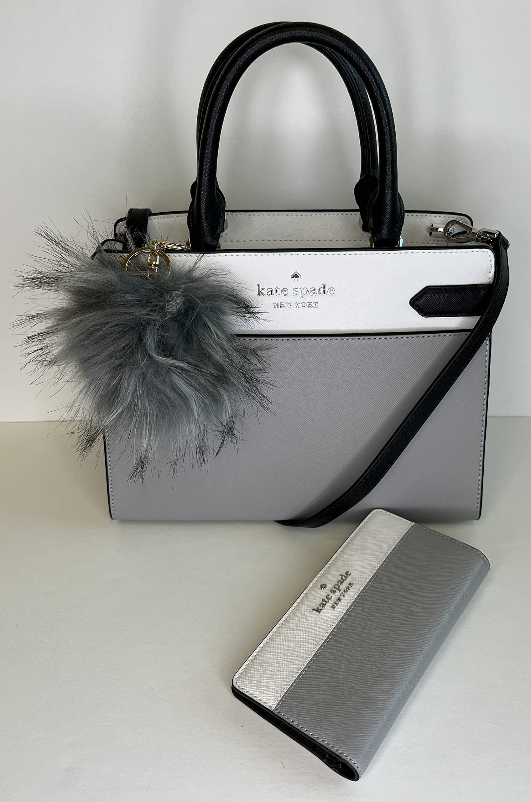 Kate Spade MD Satchel bundled with Bifold Wallet & Fur Pom (Nimbus Grey Colorblock)