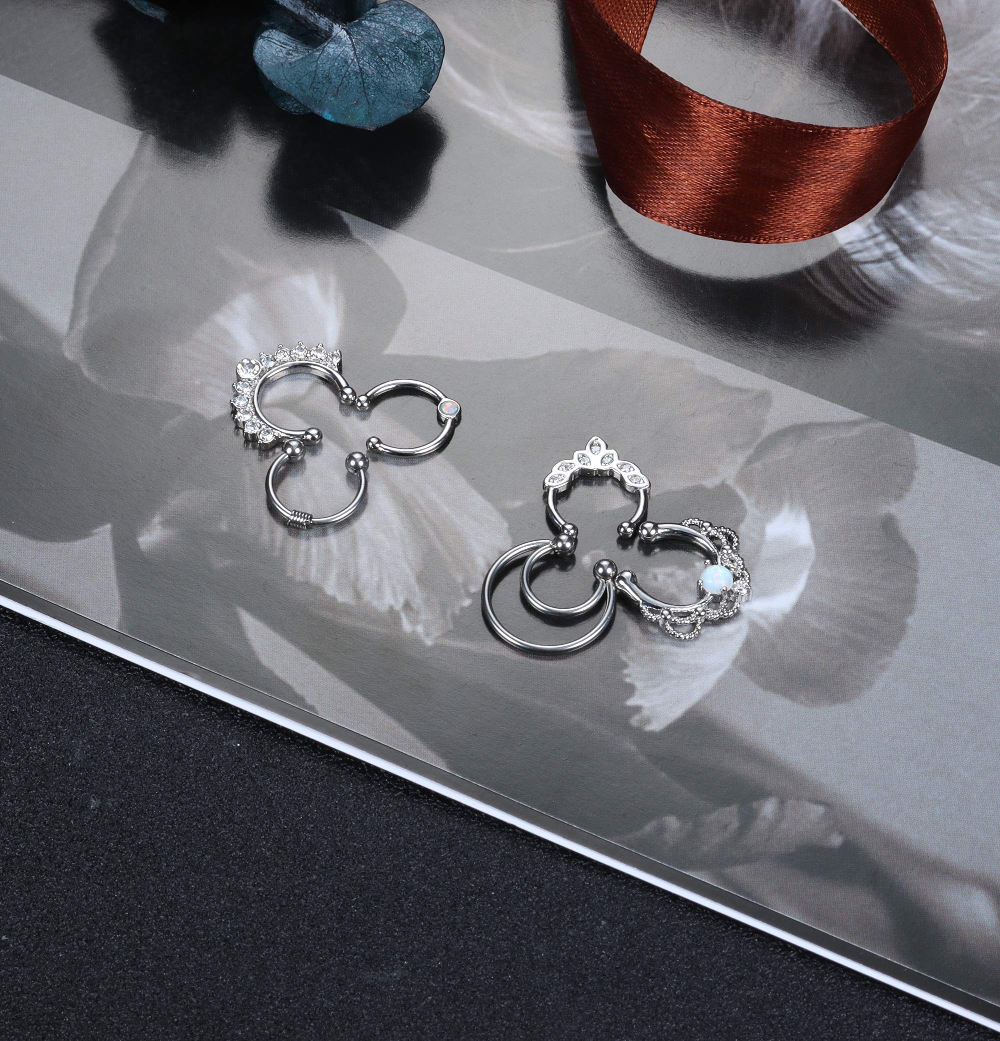 Drperfect 6Pcs Opal Fake Septum Ring for Women CZ Nose Ring Non-Pierced Clip On Nose Hoop Jewelry