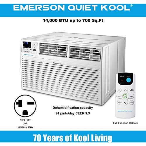 Emerson Quiet Kool 14,000 BTU 230V 4 in 1 Through-the-Wall Air Conditioner, Heater, Dehumidifier, and Fan, For Rooms up to 700 Sq. Ft., with Remote Control and 24H Timer