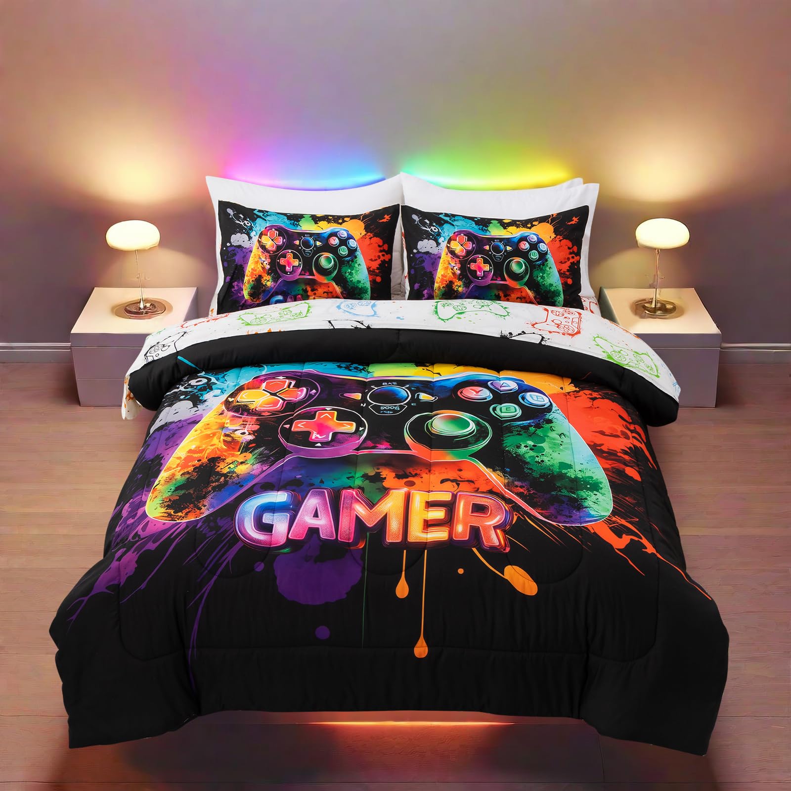 Meeting Story Game Comforter Set for Boys, Twin Size 5-Piece Gaming Bedding Sets for Kids Teens, Colorful Video Game Gaming Quilt with Two Pillowcases(Black)