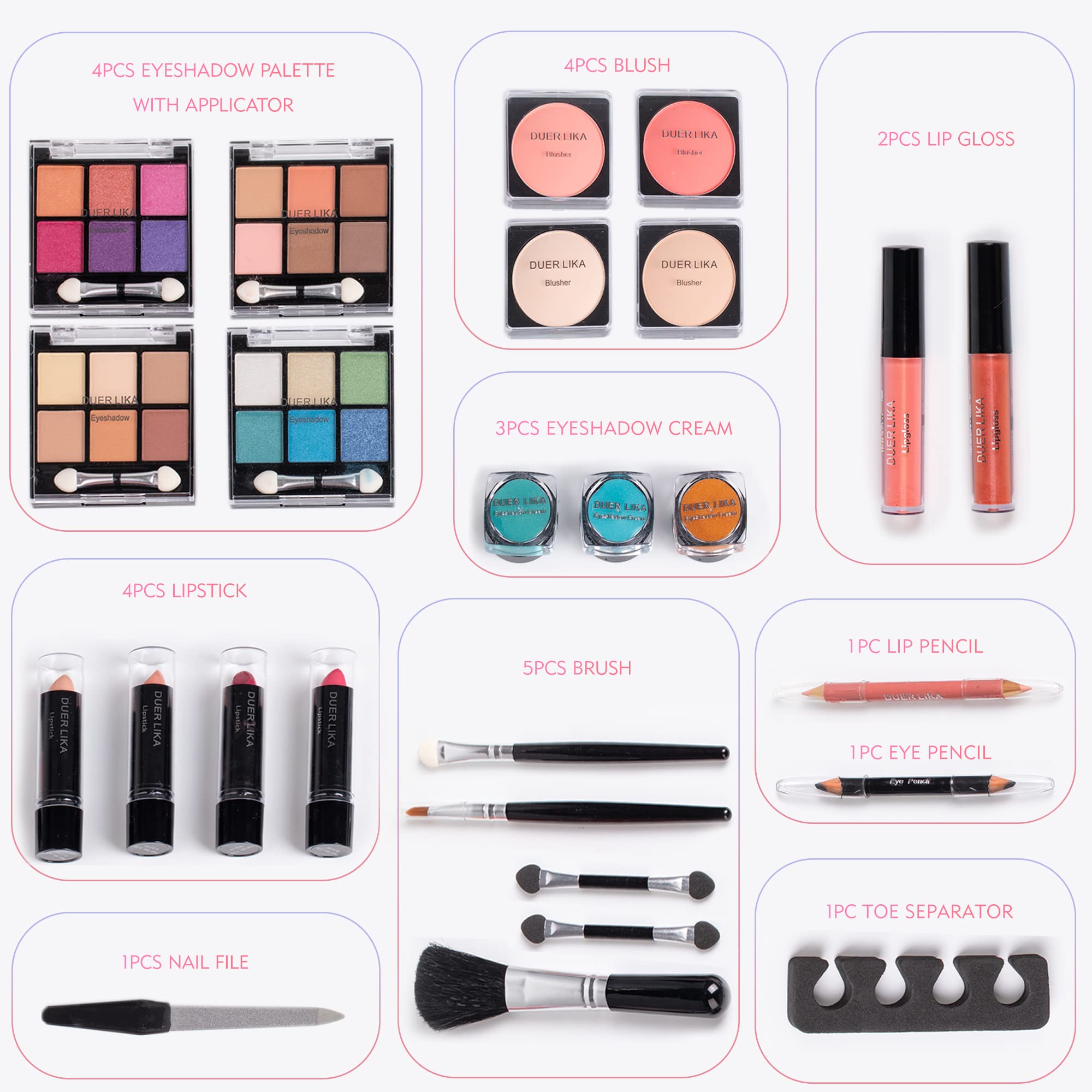 DUER LIKA Makeup Kit Gift Set for Adults and Girls-Full Makeup Kit for Beginners Includes Eye Shadow Palette Blush Lip Gloss Lipstick Lip Pencil Eye Pencil Brush Mirror (WHITE)