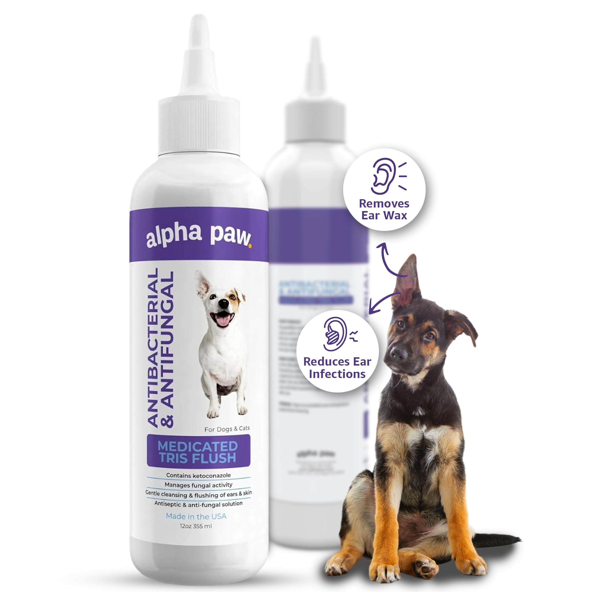 Smiling Paws Pets Medicated Tris Flush Dog Ear Cleaner Solution and Infection Treatment for Dogs and Cats Ear Flush for Dogs Ear Cleaner for Dogs & Cats - Cat & Dog Ear Wash Contains Ketoconazole 12oz