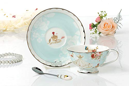 Fine Bone China Tea Cups and Saucers, Pastel Blue Floral Design Coffee Mug Tea Cups Set with Gift Box for Women Mom, 7 Ounces