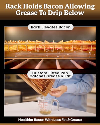 Gotham Steel Bacon Bonanza Large Baking Pan with Rack for Crispy Bacon + Crisper Tray for Bacon with Grease Catcher, Nonstick Bacon Cooker for Oven / Copper Bacon Pan, Non-Toxic Oven / Dishwasher safe