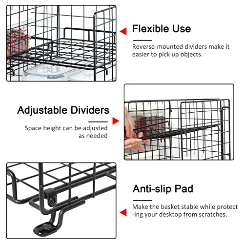Stackable Wire Basket for Kitchen & Pantry, 4 Tier Countertop & Cabinet Spice Rack with Adjustable Dividers, Metal Spice Organizer Storage Basket for Spice Canned Snack Black