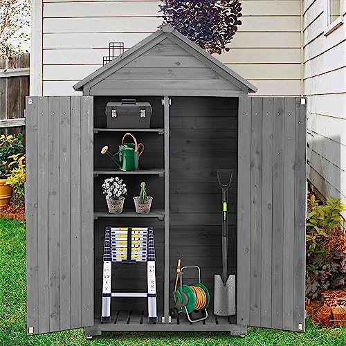 Miscoos Outdoor Wood Storage Shed, Vertical Garden Shed Closet with Lockable Doors, Outside Tool Shed Storage Cabinet with Floor,Detachable Shelves,Pitch Roof for Poolside Backyard Porch