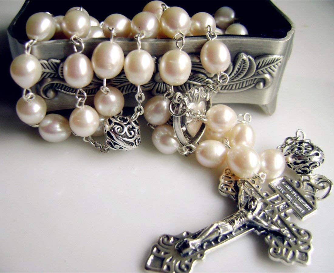 elegantmedical Bali 925 Sterling Silver 8-9mm Real Pearl Beads Catholic Rosary NECKLACE Cross