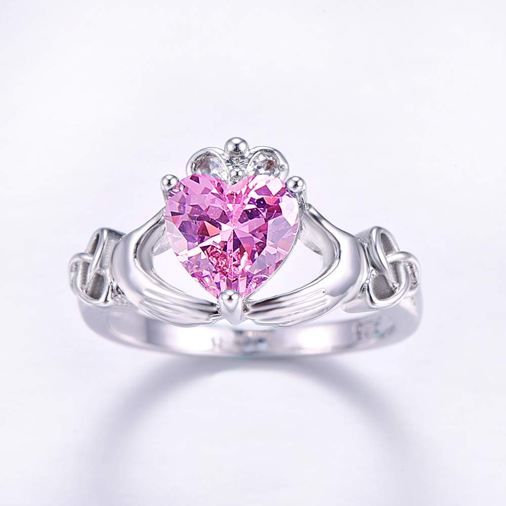 Emsione 925 Sterling Silver Plated Created Pink Topaz Heart Cut CZ Claddagh Celtic Ring Eternity Anniversary Wedding Engagement Band Ring Size 8